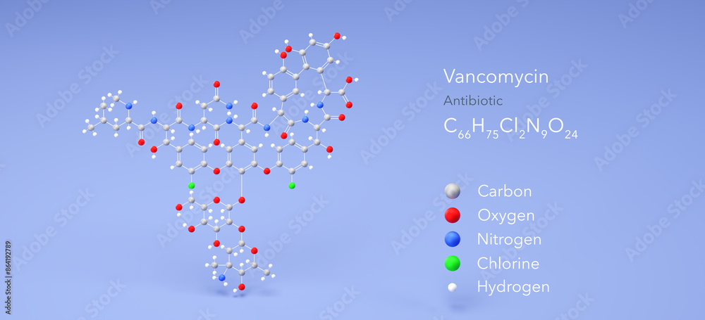 vancomycin molecule, molecular structure, glycopeptide antibiotic, 3d ...