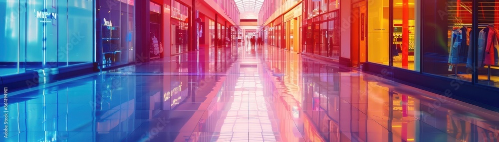 Bank closure announcement, deserted shopping mall, close up, focus on ...