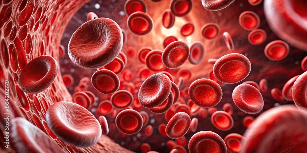 Rubyhued blood cells circulating through human circulatory system ...
