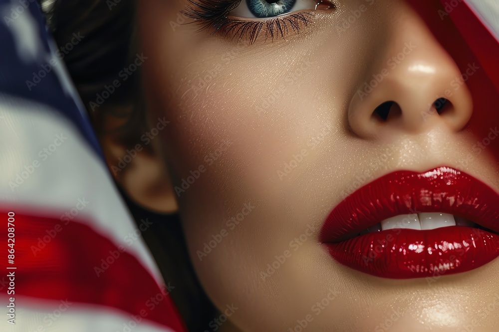 American flag billowing beside an American womans model face Stock ...