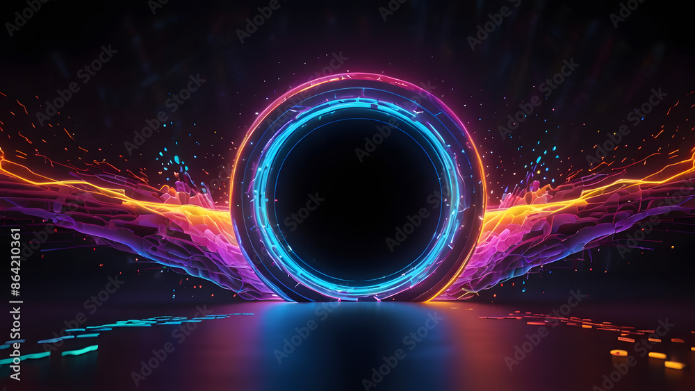 An entrancing audio visualizer pulses with vibrant neon glows on a dark ...