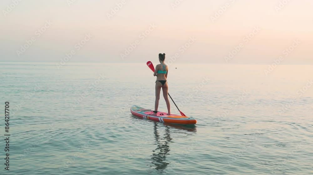 Girl Tourist Swims on a SUP Board Standing and Rows an Oar in the Ocean ...