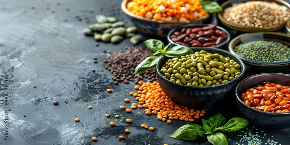Variety of beans cereals and grains essential protein sources for a ...