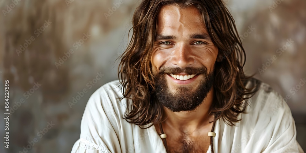 Picture Jesus joyfully smiling at his followers. Concept Religious Art ...