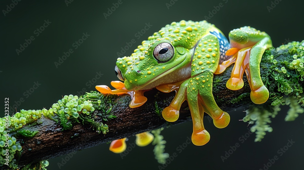 Detailed photograph of a vibrant green tree frogs webbed foot ...