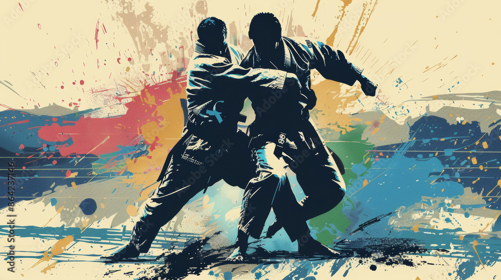 Dynamic Olympic Judo Banner with Athletes Grappling and Stylized ...