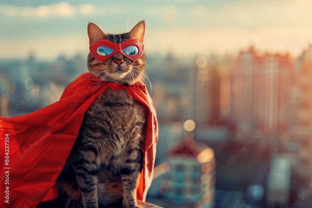 mischievous tabby cat in superhero costume striking a dramatic pose ...