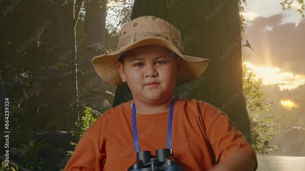 Asian Boy With Hat And Binoculars Using Magnifying Glass Pointing ...