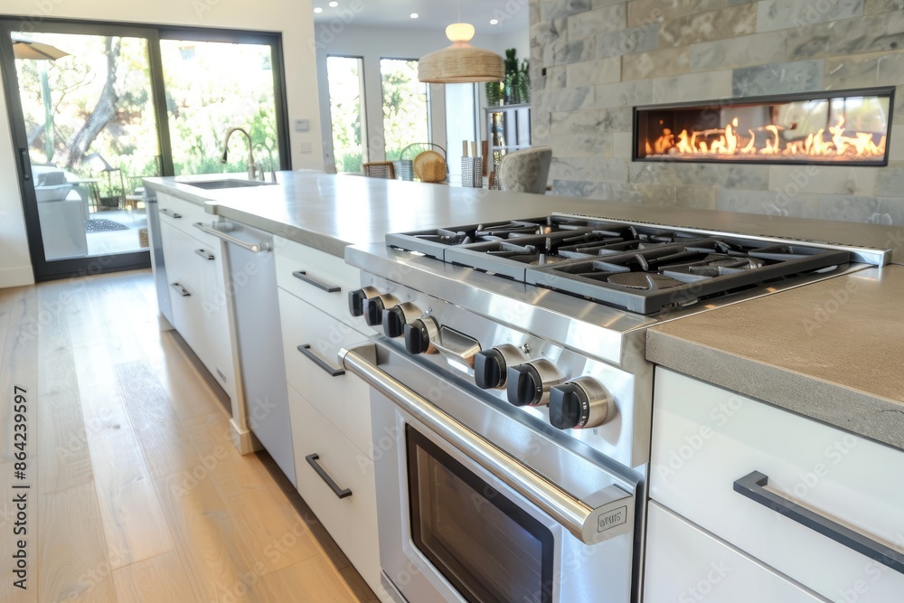 The modern kitchen boasts sleek grey counters, complemented by a built ...
