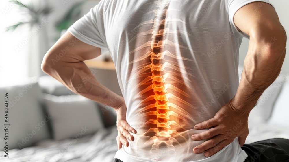 Pain in the lower back area caused by inflammation. A young man who ...