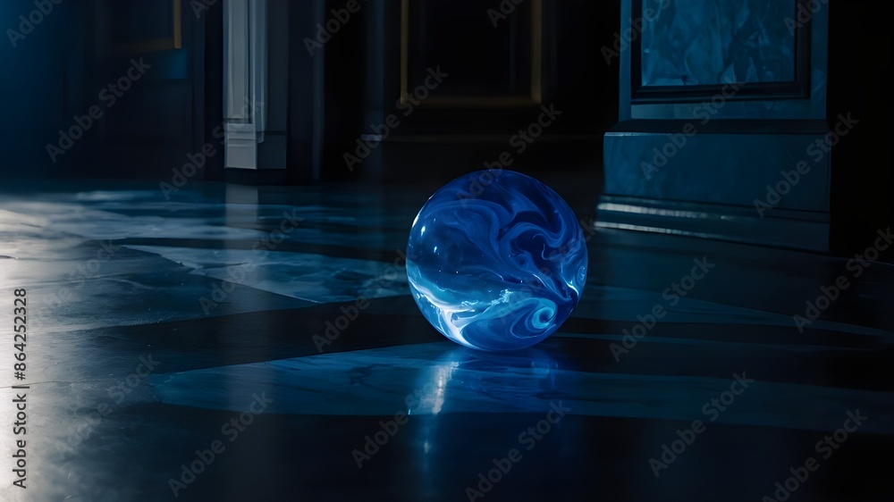 Glowing Blue Orb Floating Above Marble Pedestal in Dark Room, Brilliant ...