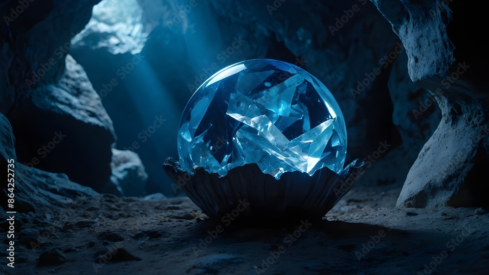 Glowing Blue Orb Floating Above Marble Pedestal in Dark Room, Brilliant ...