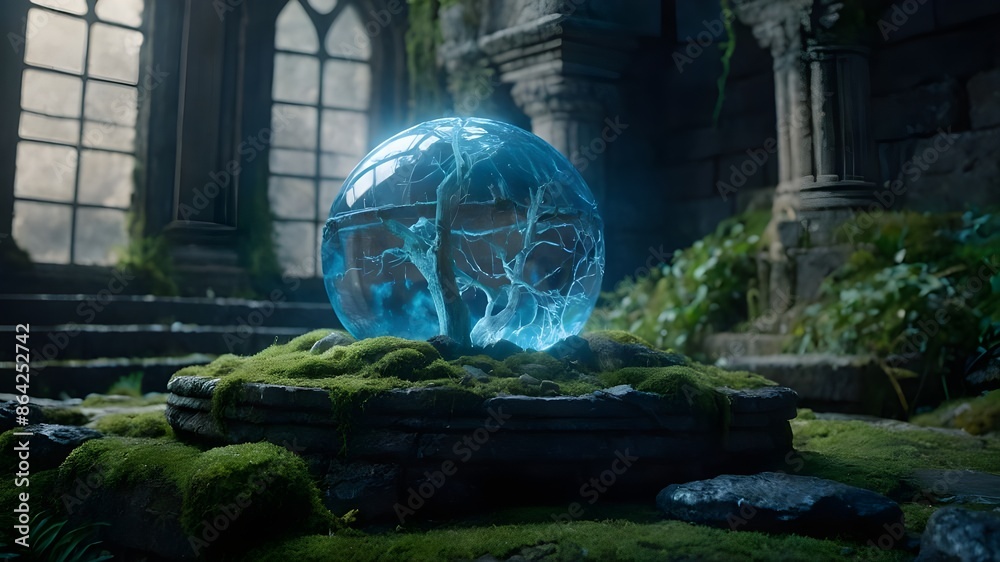 Glowing Blue Orb Floating Above Marble Pedestal in Dark Room, Brilliant ...