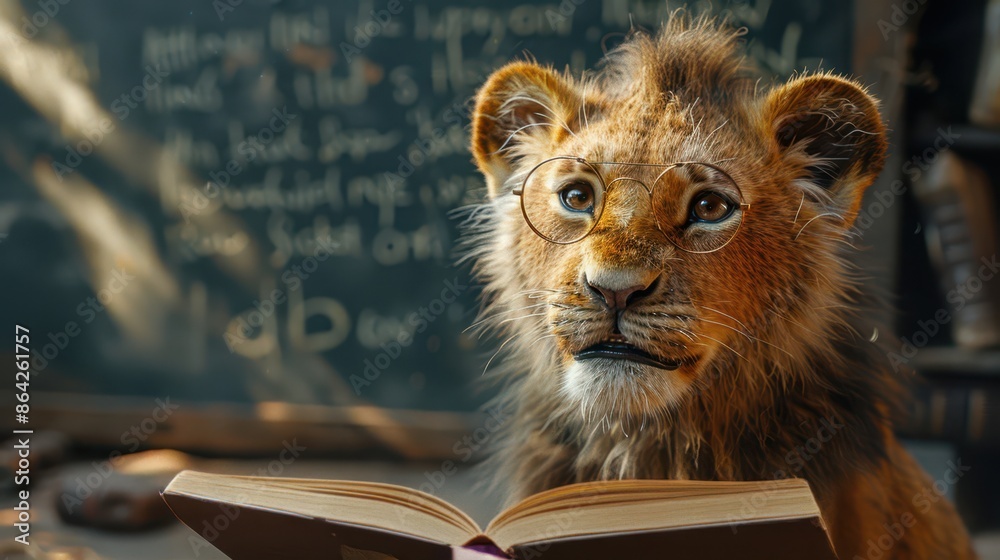 Lion reading a book at school classroom, back to school concept Stock ...