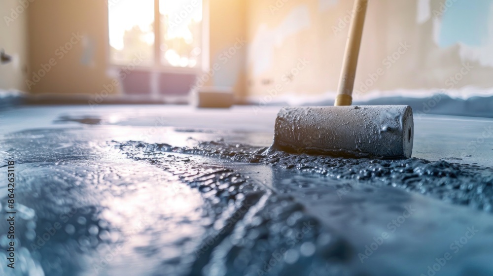man using roller Prototype with needle roller for new concrete screed ...