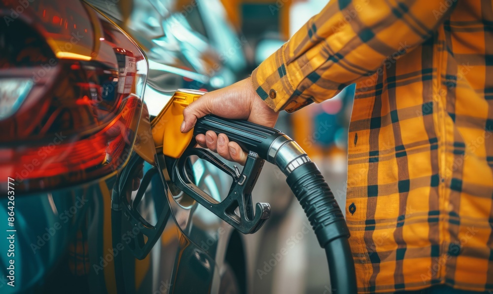 Fueling Up: Close-up of a Man Engaged in the Everyday Ritual of Pumping ...