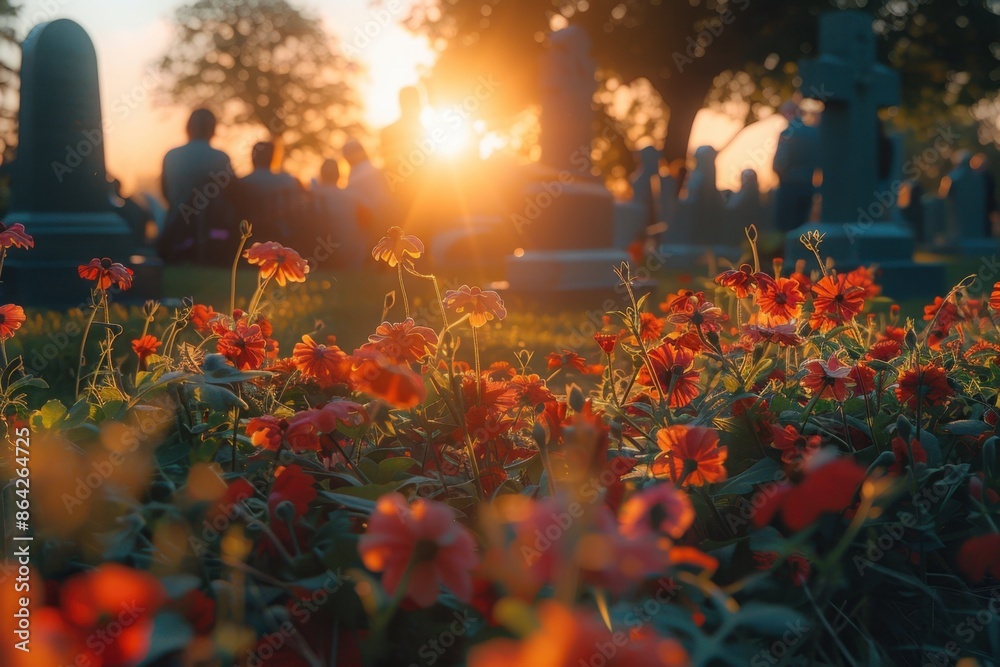 Memorial Day Cemetery Scene with Colorful Flowers and Visitors Stock ...