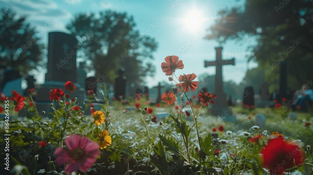 Memorial Day Cemetery Scene with Colorful Flowers and Visitors Stock ...