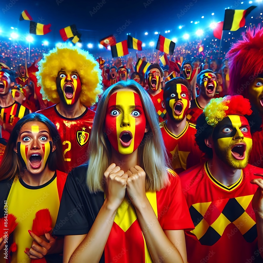 Belgian football fans, with national team's jersey and flag painted ...