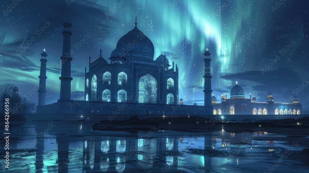 Stunning illuminated Taj Mahal at night with northern lights, serene ...
