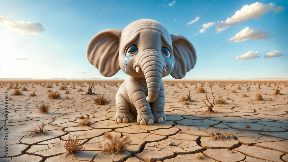 Crying elephant stands on cracked dry earth in desolate landscape ...