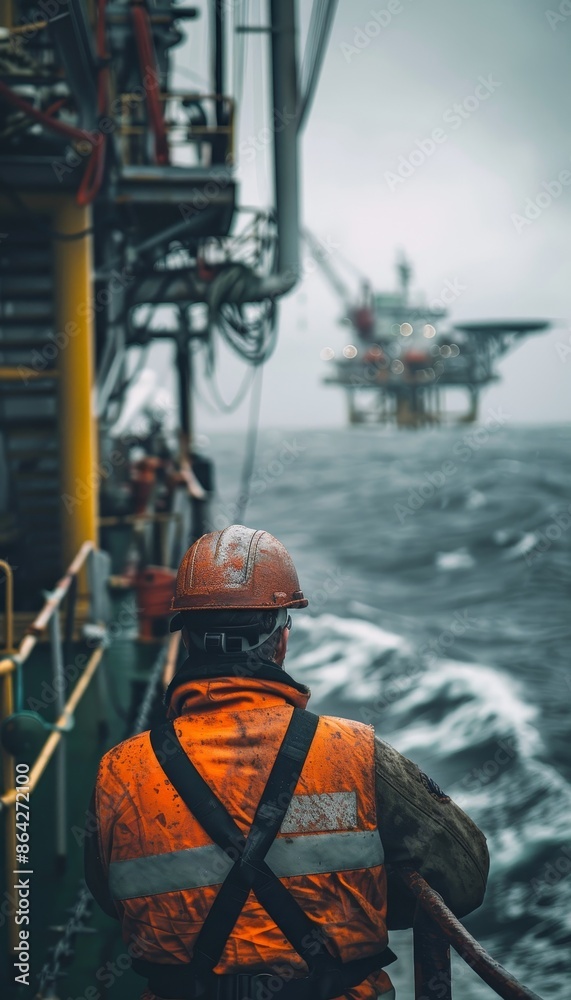 Captain in safety helmet onboard ship near oil platform realistic ...