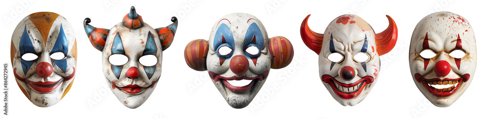 Set collection of scary clown face mask on transparent background ...