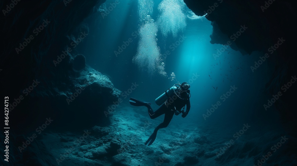 Foto de Scuba deep sea diver swimming in a deep ocean cavern ...