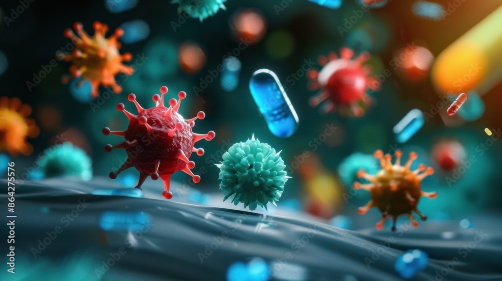 Microscopic view of colorful viruses and bacteria with antibiotic ...