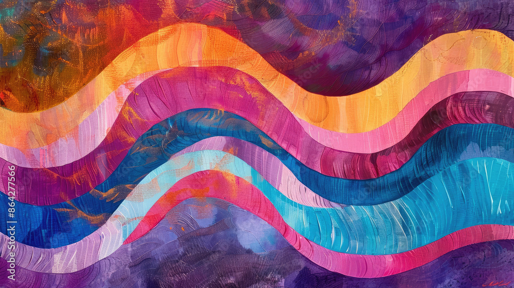 Wavy bands in vibrant hues of orange, pink, purple, and blue flow ...
