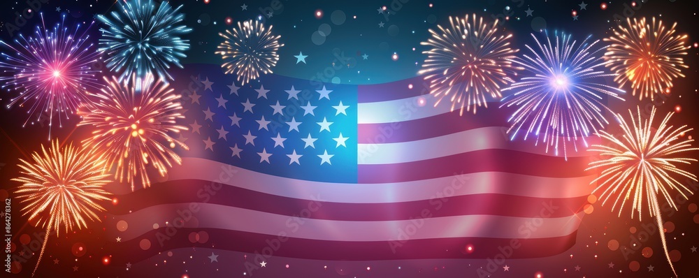 American flags in front of vibrant fireworks, celebrating Independence ...