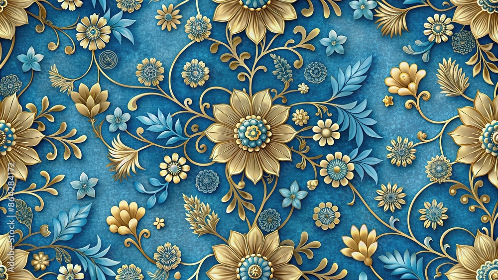 Blue and gold floral seamless pattern featuring intricate flowers and ...