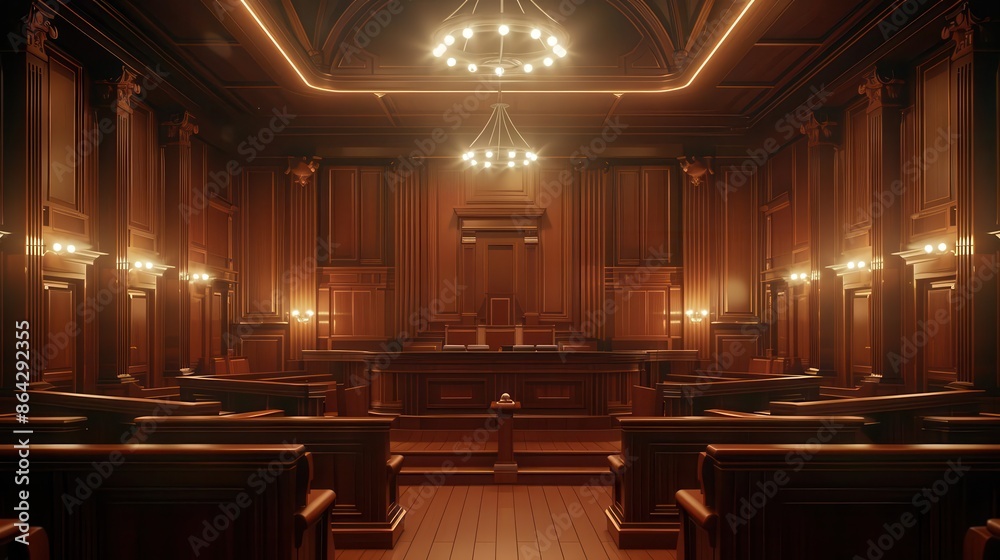courtroom drama empty courtroom with dramatic lighting and rich wood ...