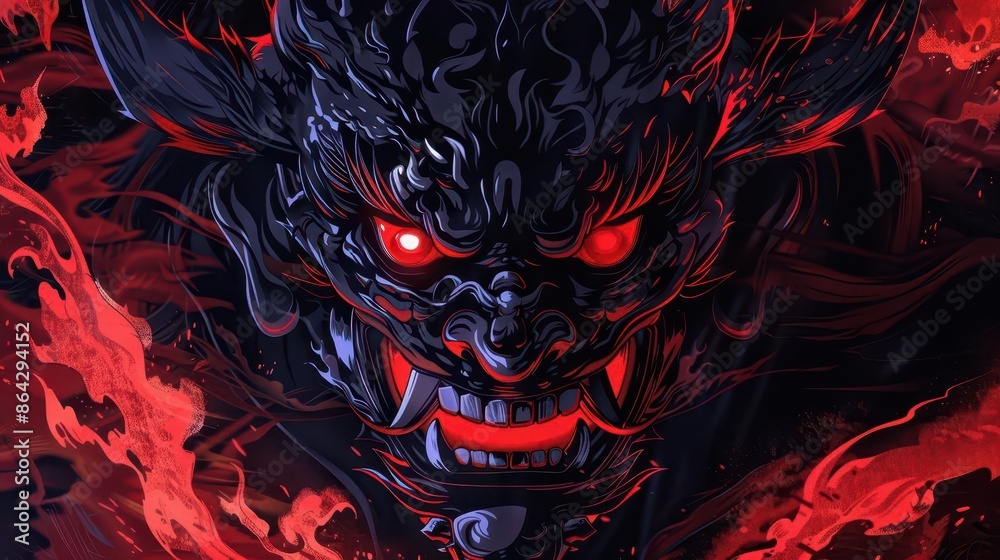 demonic oni face evil male anime character menacing red eyes digital ...