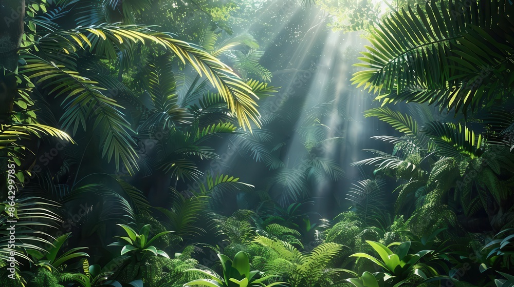 enchanted rainforest with sun rays rich jungle greenery atmospheric ...