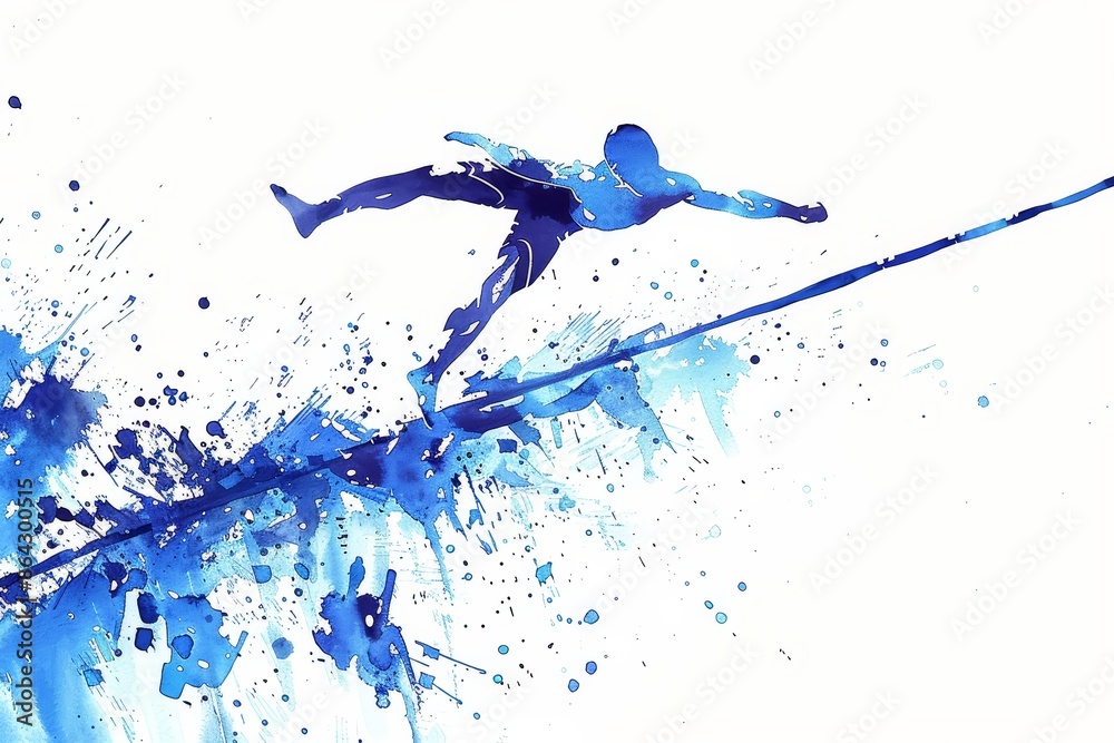 Dynamic Blue Watercolor Illustration Of A Pole Vaulter In Action At The Paris 2024 Olympics