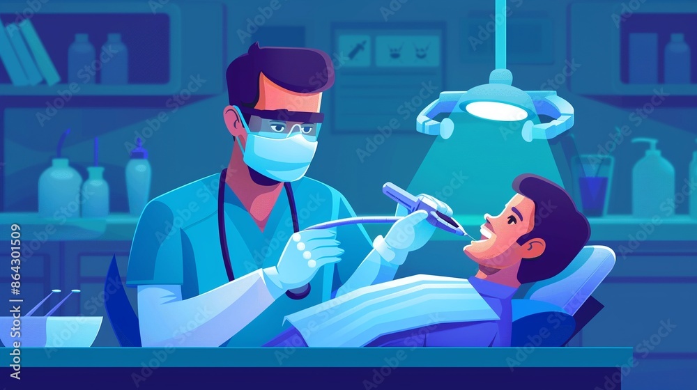 Realistic dentist performing a tooth filling, using a dental drill and ...