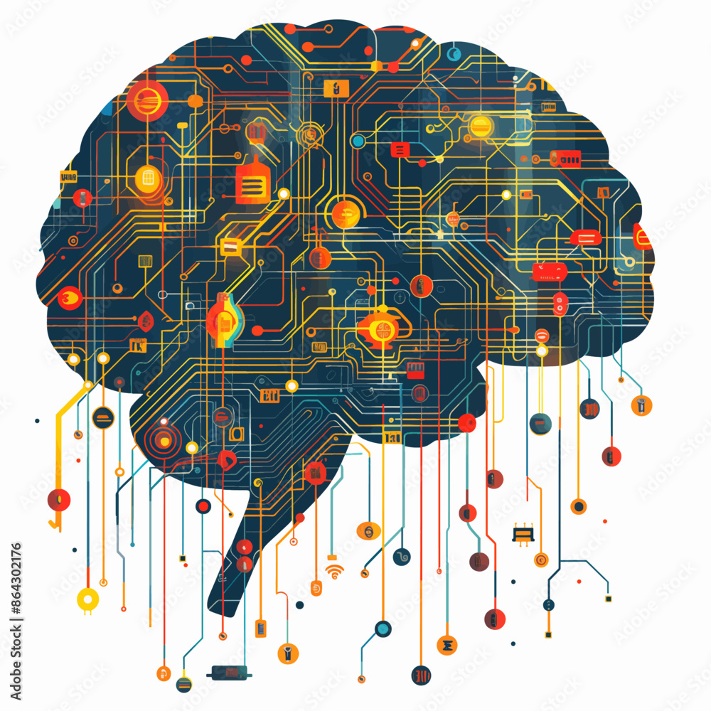 brain shaped circuit board integrated with microchips, representing the concept of artificial ...