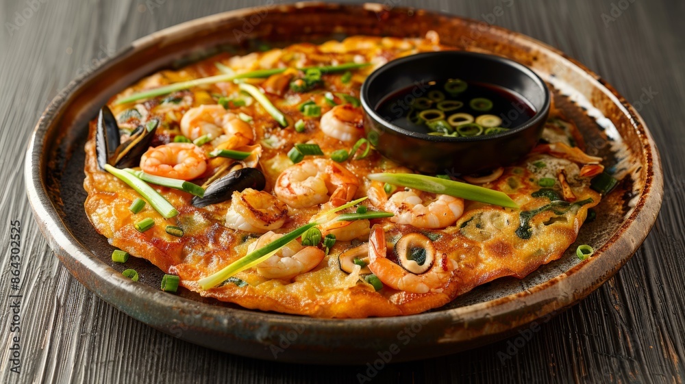 Crispy Haemul Pajeon with Fresh Seafood. A golden brown Korean seafood ...