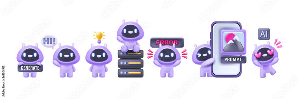 3D AI chat bot icon set, vector cute cartoon artificial intelligence ...