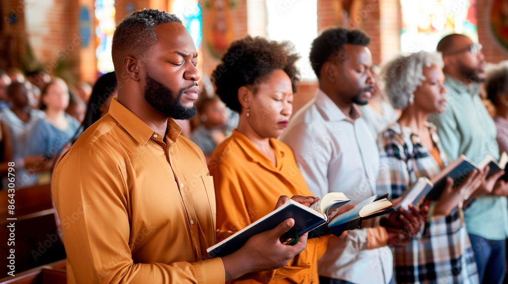 a of a group of worshippers in a church, each holding a Bible and praying fervently, Backgrounds ...