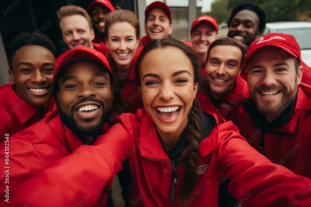 Smiling group of food delivery drivers taking a selfie Stock Photo ...