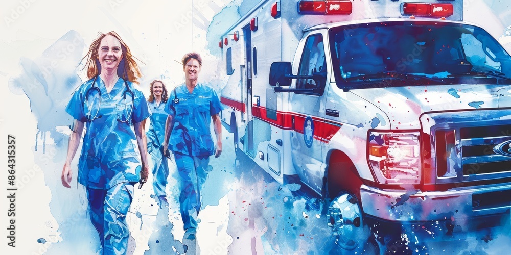 Smiling medical team standing in front of an ambulance, representing ...