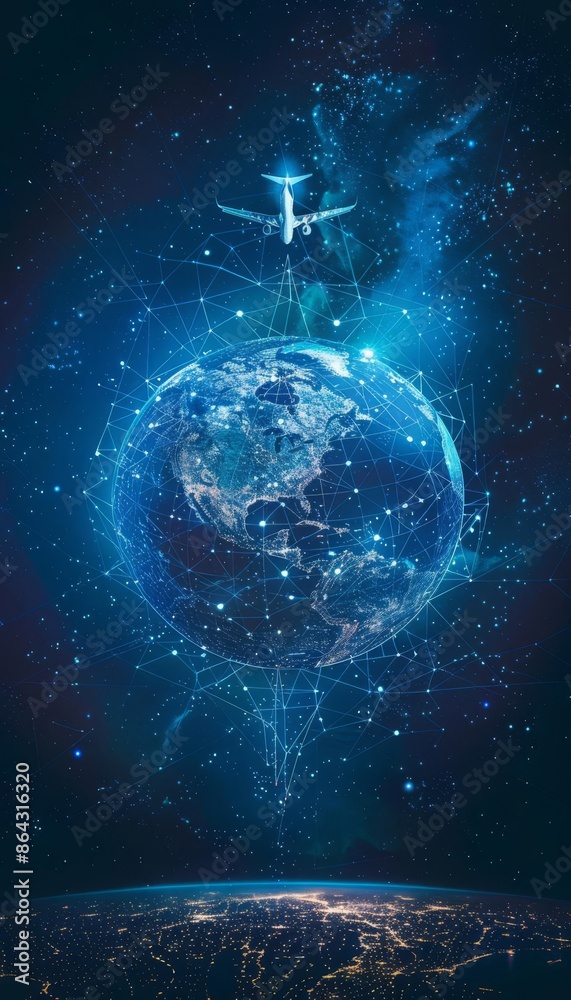 Spectacular digital artwork of an airplane flying over a glowing Earth ...