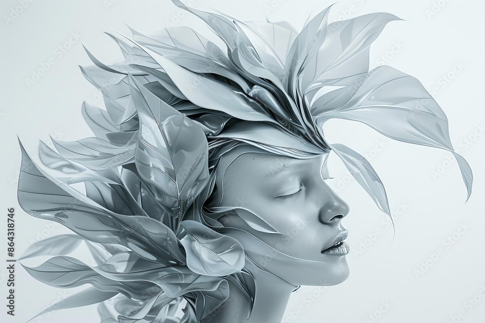 Surrealist digital artwork of a woman with flowing, metallic floral ...