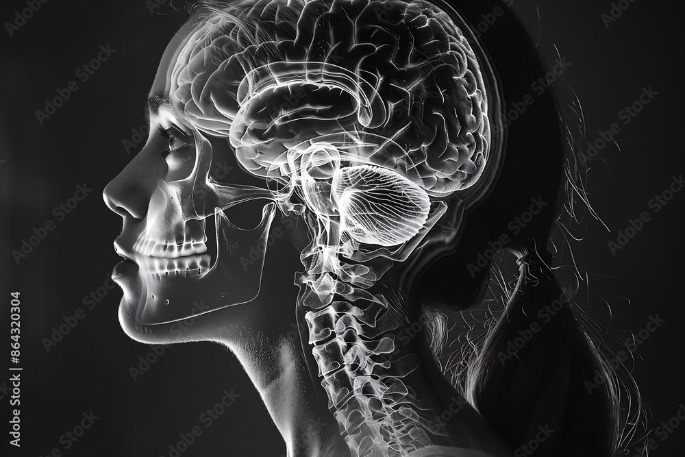 X-ray of female head and brain detailed medical imaging showing ...