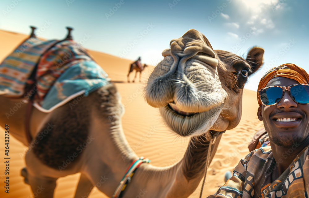 Camel in desert. Black man wearing sunglasses on a hot summers day in ...