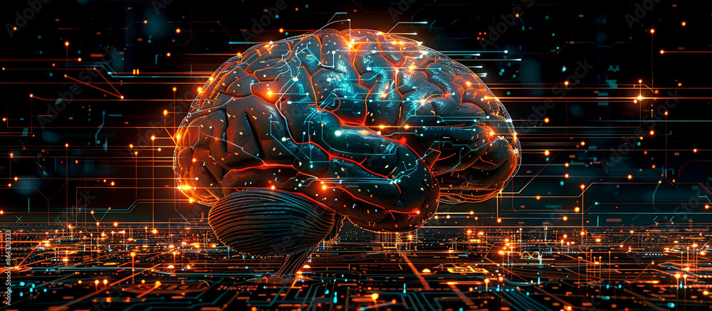 Modern brain technology background with a detailed brain model and ...