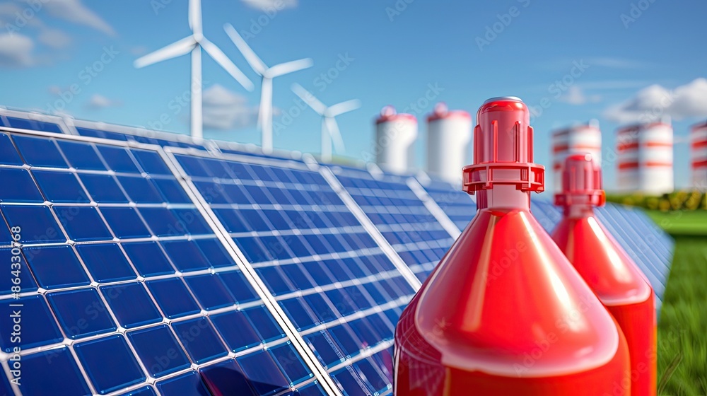 Renewable energy sources including solar panels, wind turbines, and ...