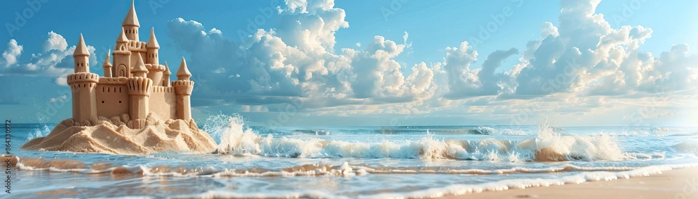 A picturesque beach scene featuring an elaborate sandcastle with ...